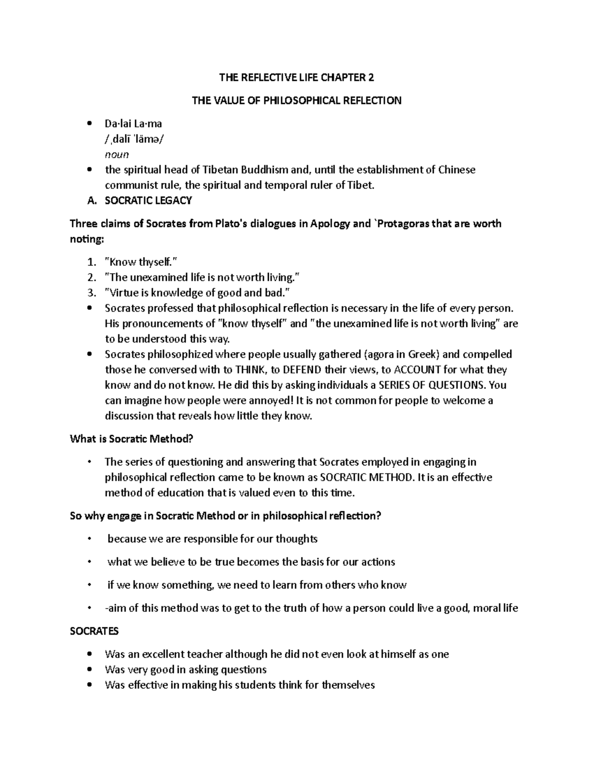 THE Reflective LIFE Chapter 2 - THE REFLECTIVE LIFE CHAPTER 2 THE VALUE ...