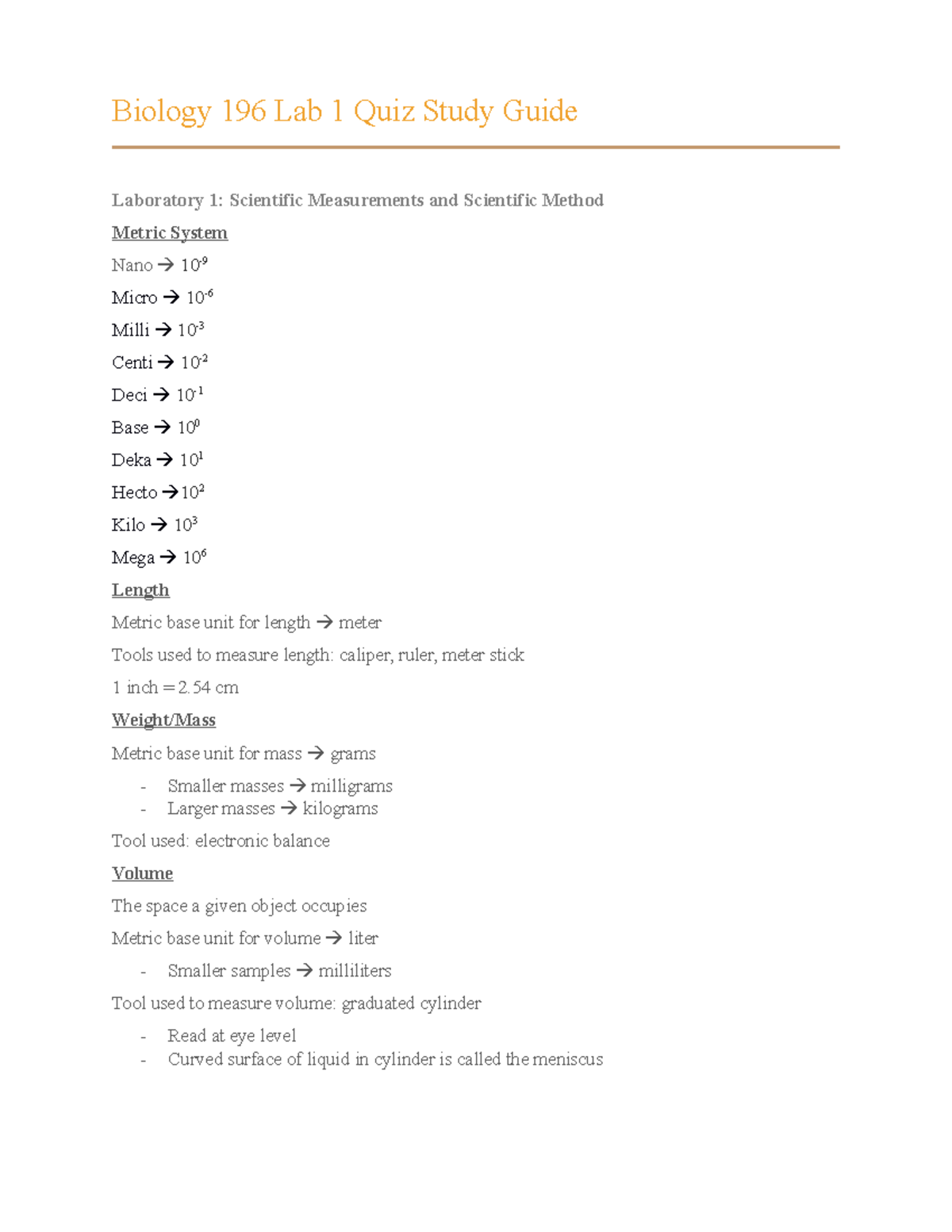 Biology 196 Lab 1 Quiz Study Guide - Biology 196 Lab 1 Quiz Study Guide ...