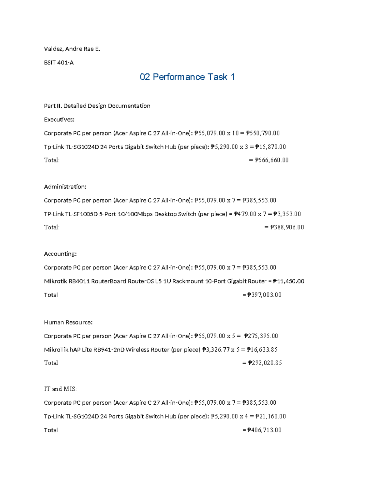 02PT1 Costs Answers - Valdez, Andre Rae E. BSIT 401-A 02 Performance Task 1 Part II. Detailed ...