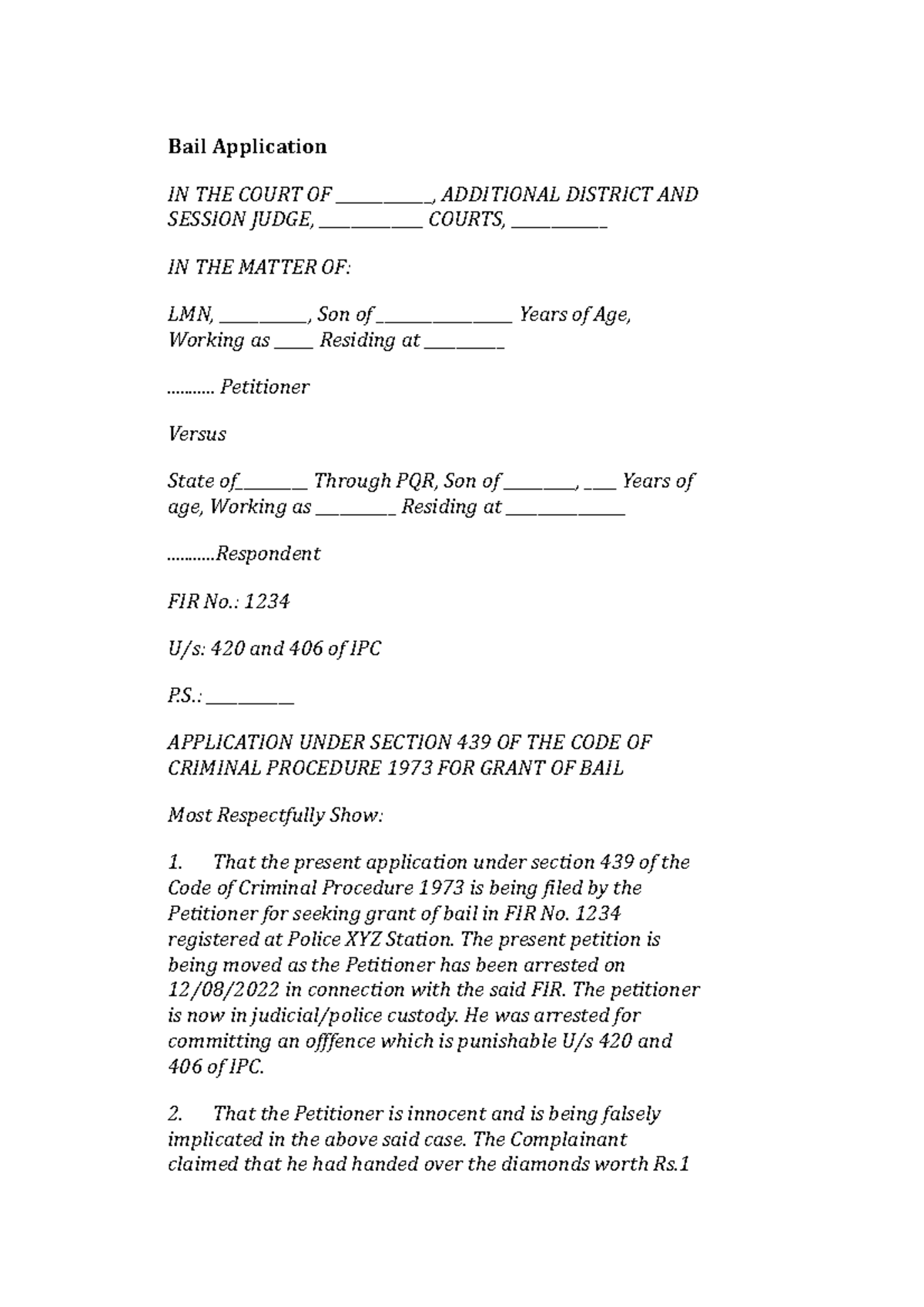 Bail Application - BAIL - Bail Application IN THE COURT OF ...