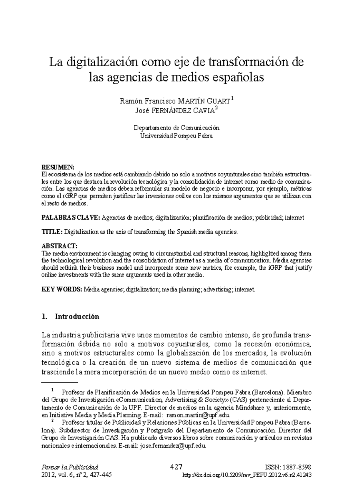 Digitalizaci¢n Centrales de Medios - Pensar la Publicidad 427 ISSN: 1887- 201 2, vol. 6, nº 2 ...