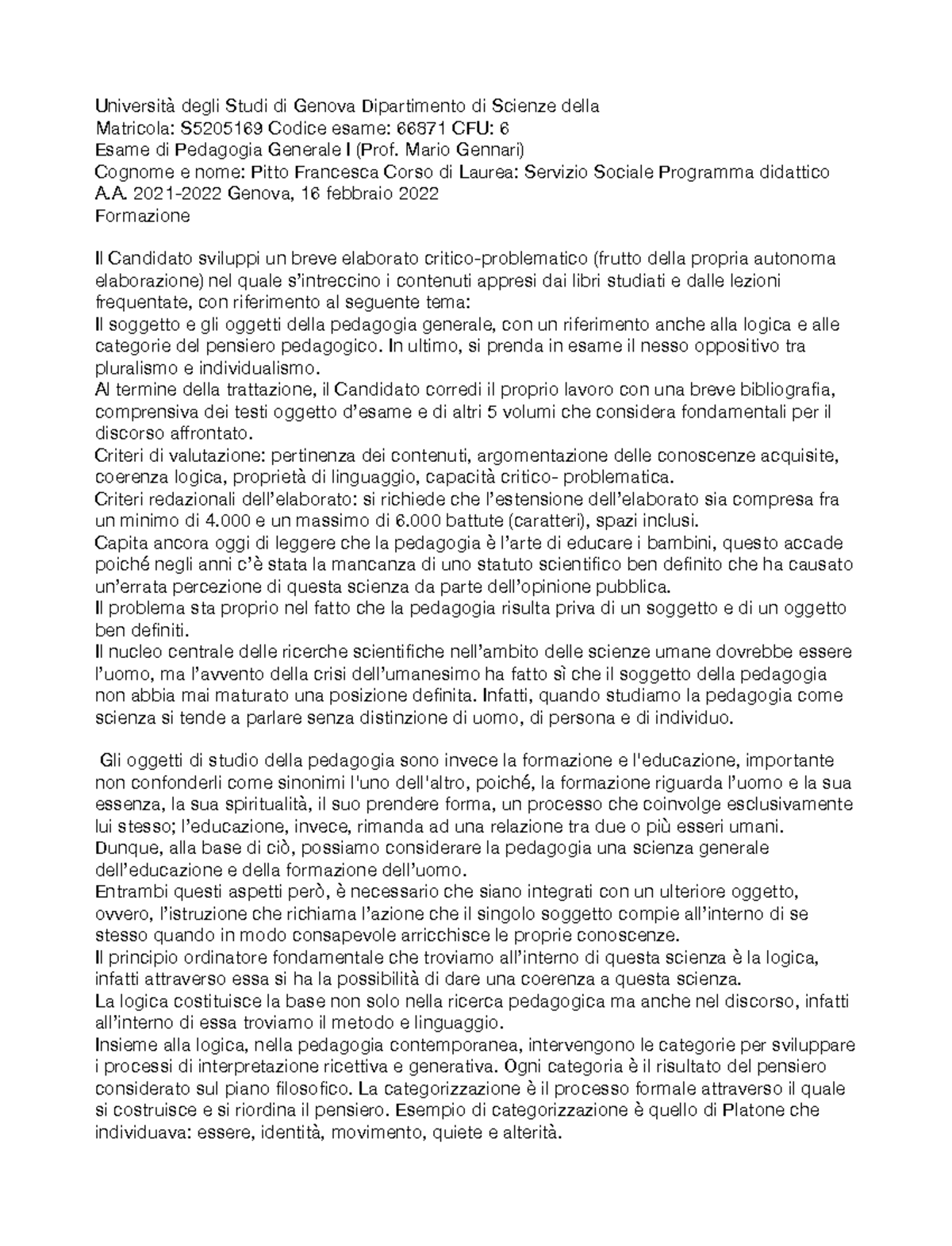 Pedagogia - Mario Gennari) Cognome e nome: Pitto Francesca Corso di ...