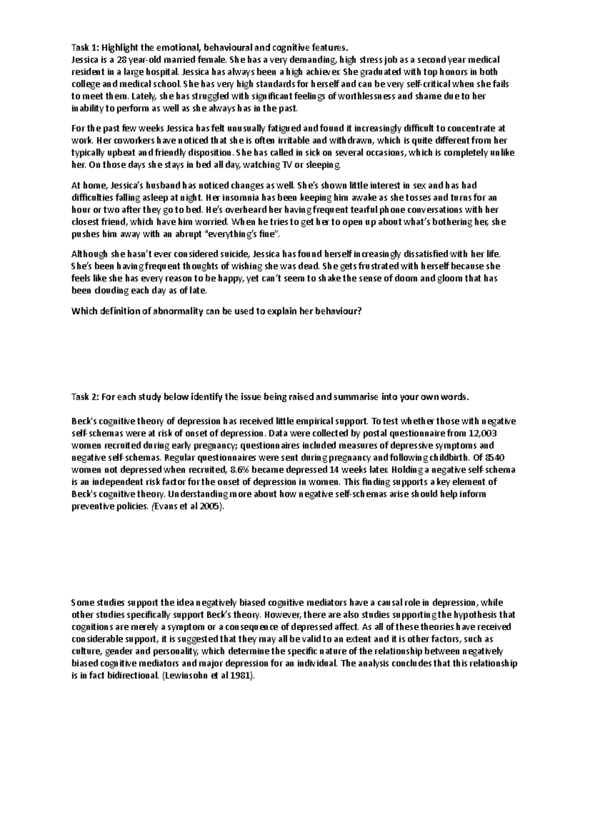 Cog Exp Tasks - Task 1: Highlight the emotional, behavioural and ...