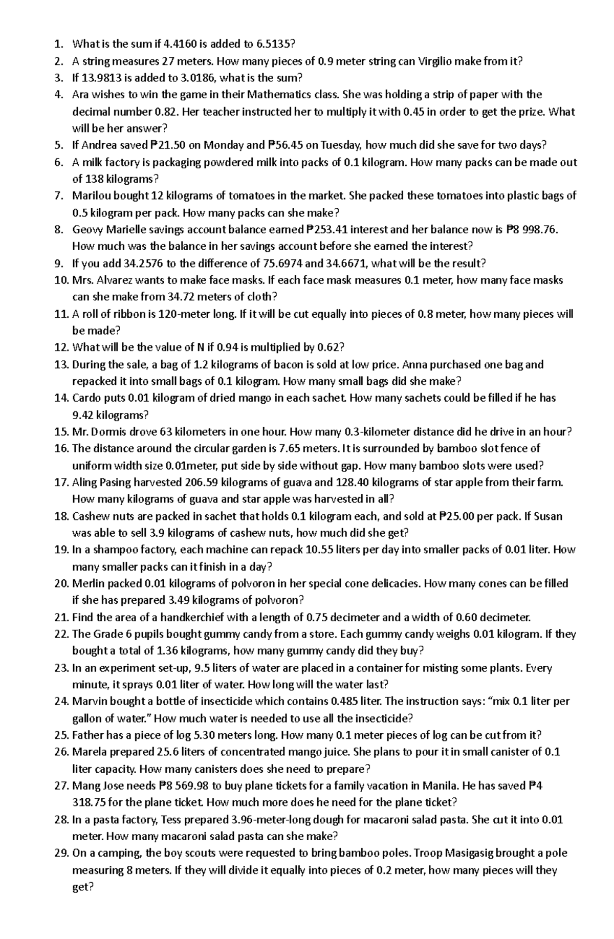 WORD Problems Grade 6 Decimals - What is the sum if 4 is added to 6? A ...