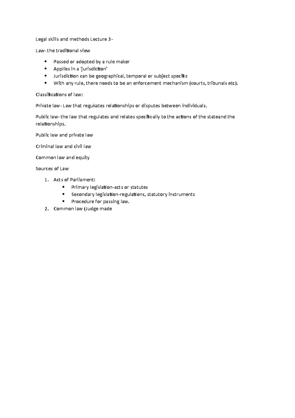 Legal skills and methods Lecture 3 - Classifications of law: Private ...