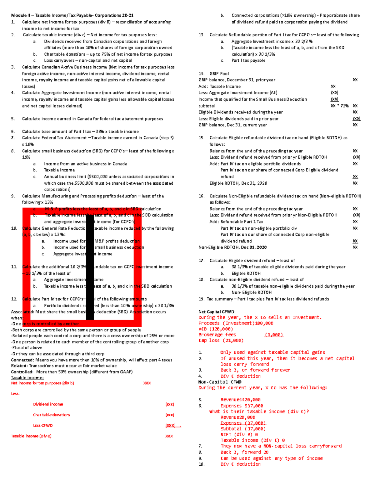 Corp tax formula sample study sheet - Module 4 – Taxable Income/Tax ...