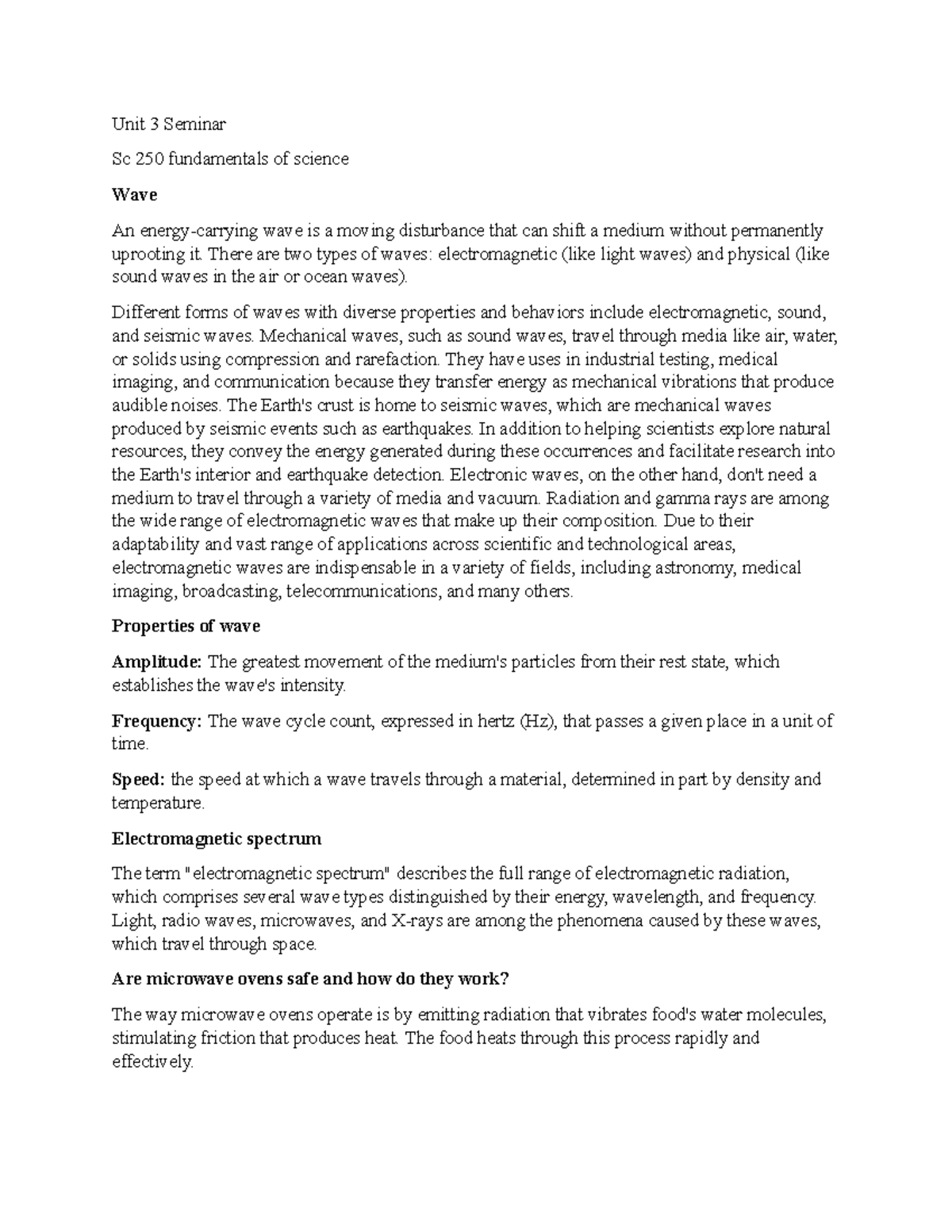 Unit 3 Seminar - Unit 3 Seminar Sc 250 fundamentals of science Wave An ...