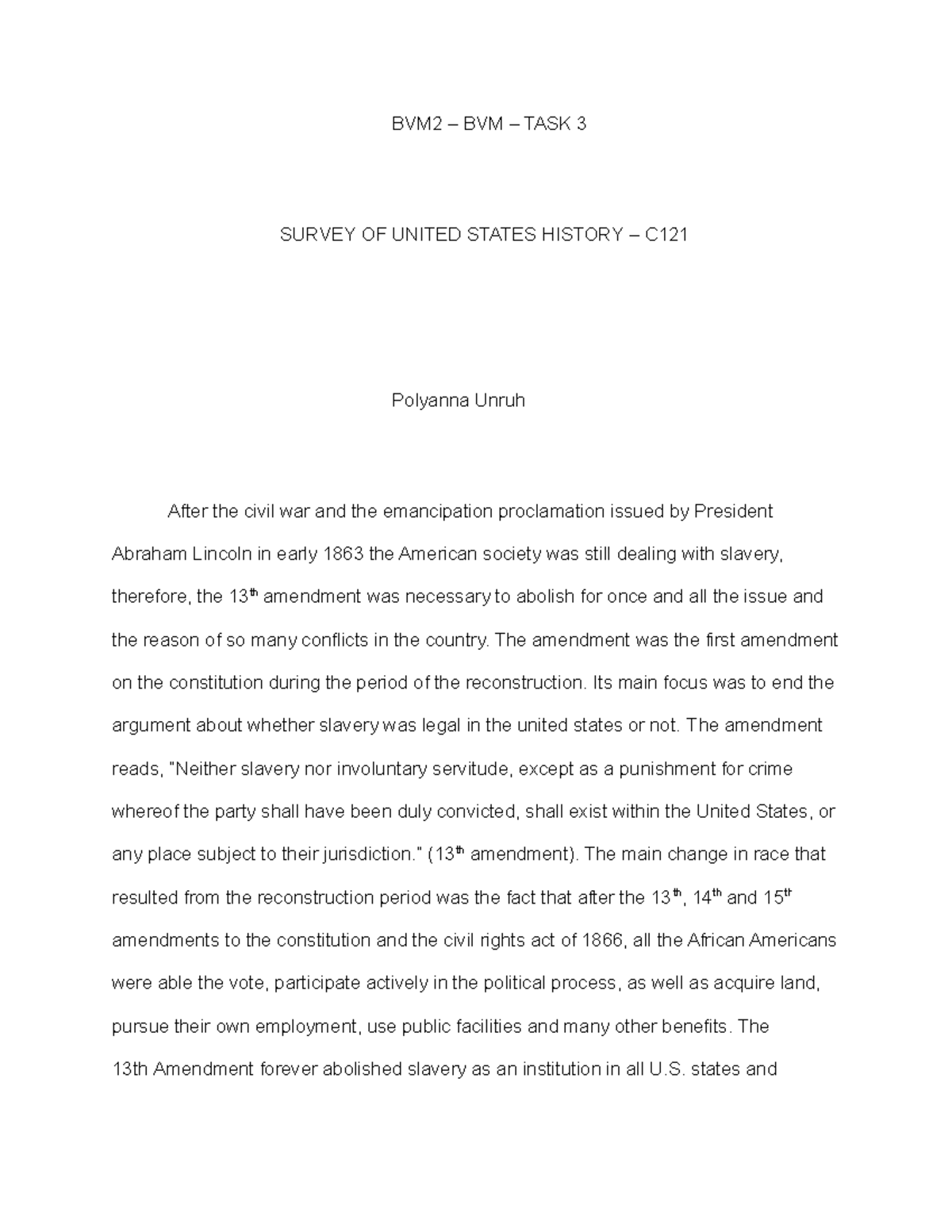 History Class Paper 3 - task 3 - BVM2 – BVM – TASK 3 SURVEY OF UNITED ...