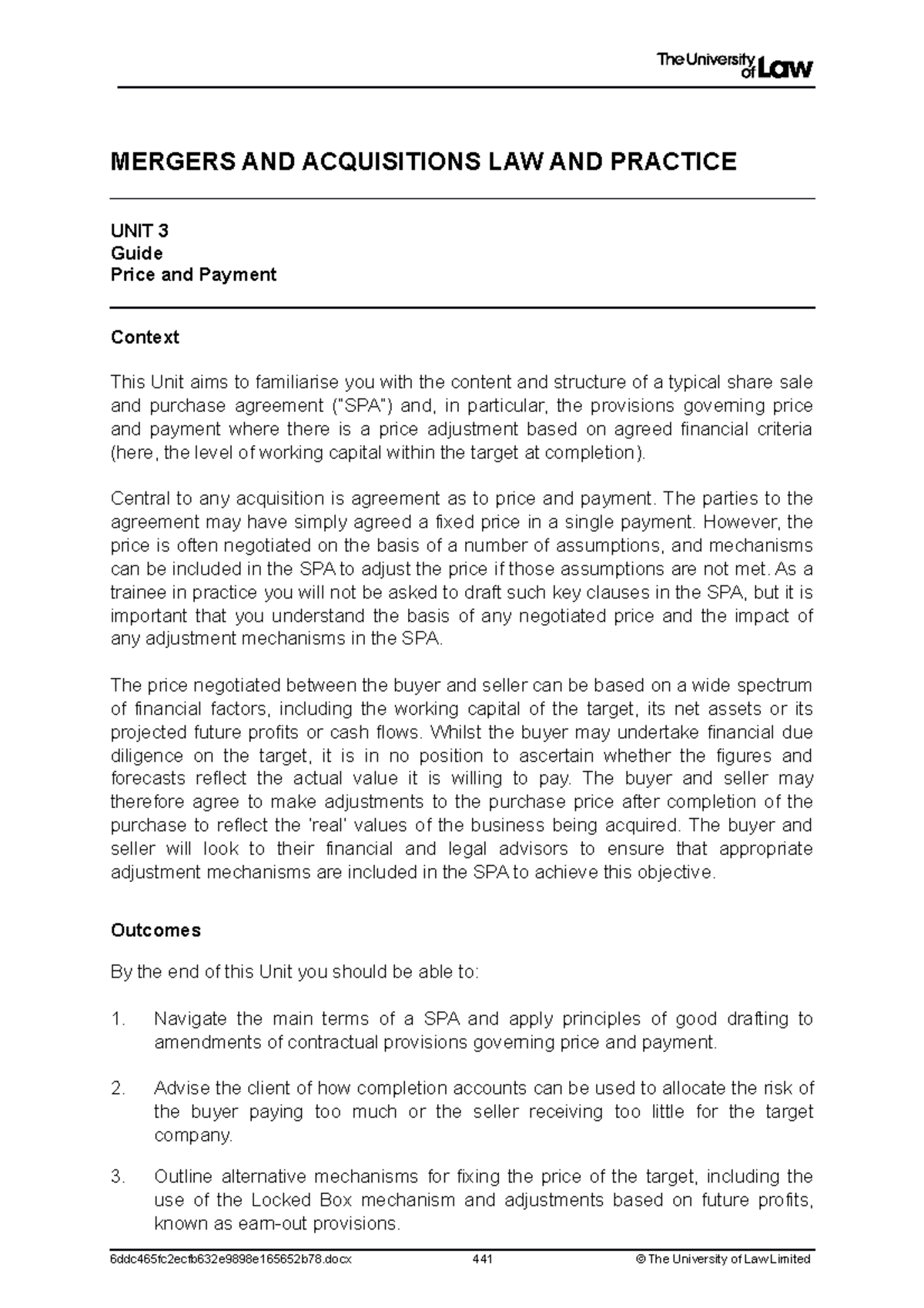 Workshop Guide - MERGERS AND ACQUISITIONS LAW AND PRACTICE UNIT 3 Guide ...