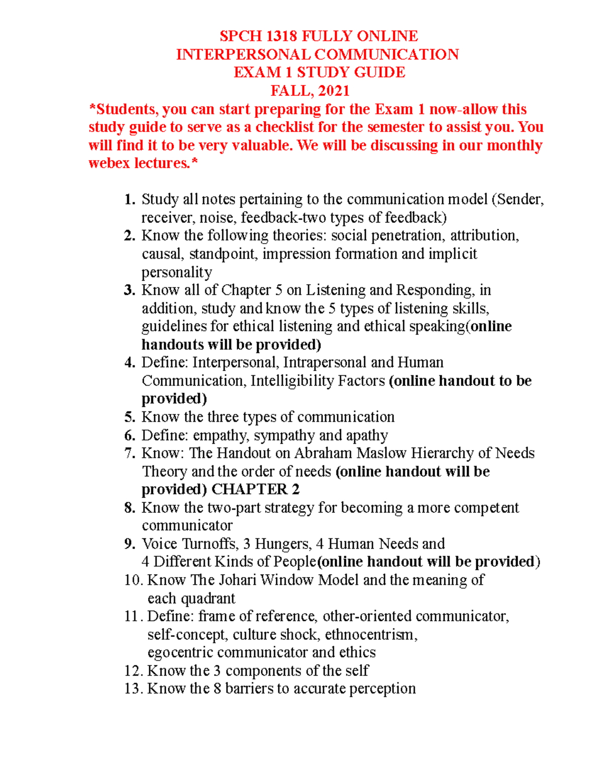 interpersonal communications SPCH 1318 EXAM1 Study Guide 2021 - SPCH ... interpersonal communications SPCH 1318 EXAM1 Study Guide 2021 - SPCH ...