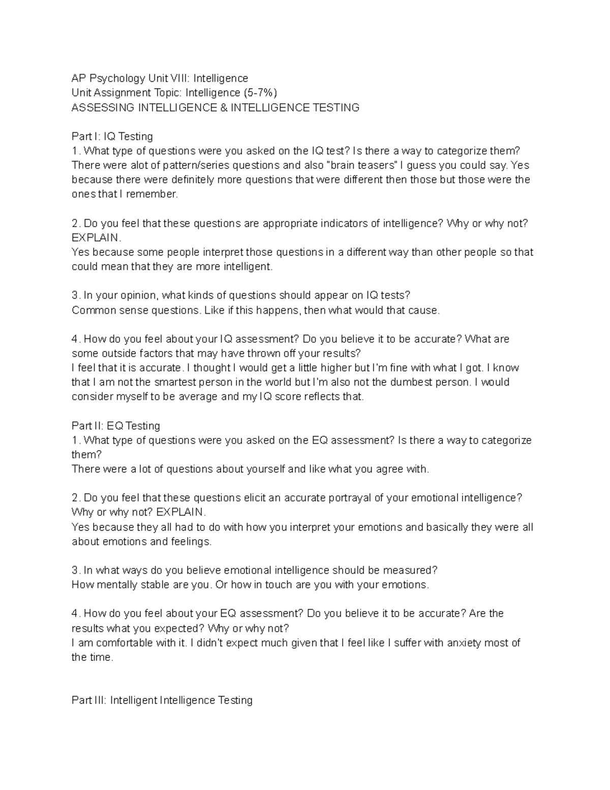 Assessing Intelligence and Intelligence Testing - AP Psychology Unit ...