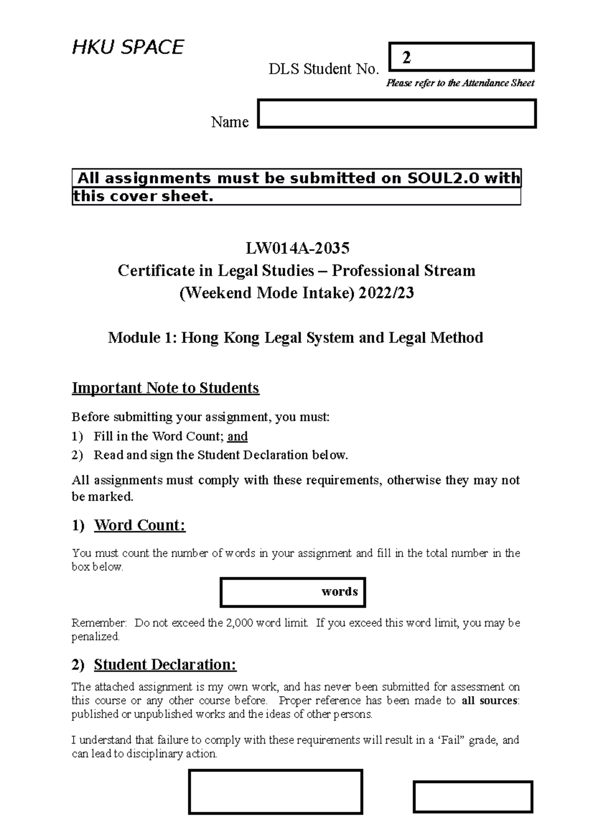 SOUL-Assignment Cover n Question CLS 01 - HKU SPACE DLS Student No ...