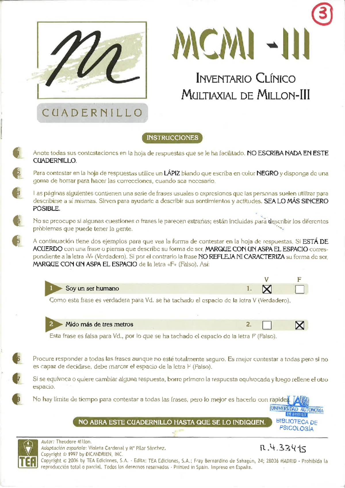 Cuadernillo-de-preguntas MCMI- III Millon - 3 m MCMI INVENTARIO CLÍNICO ...