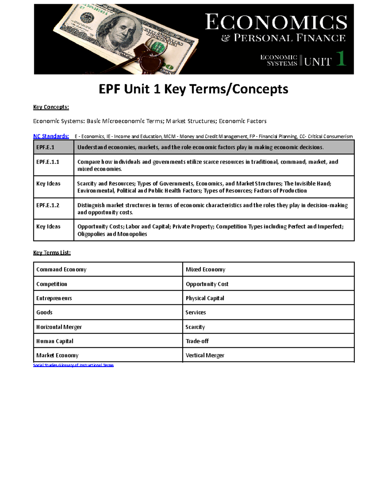 EPF Unit 1 Key Terms Concepts - E Understand economies, markets, and ...