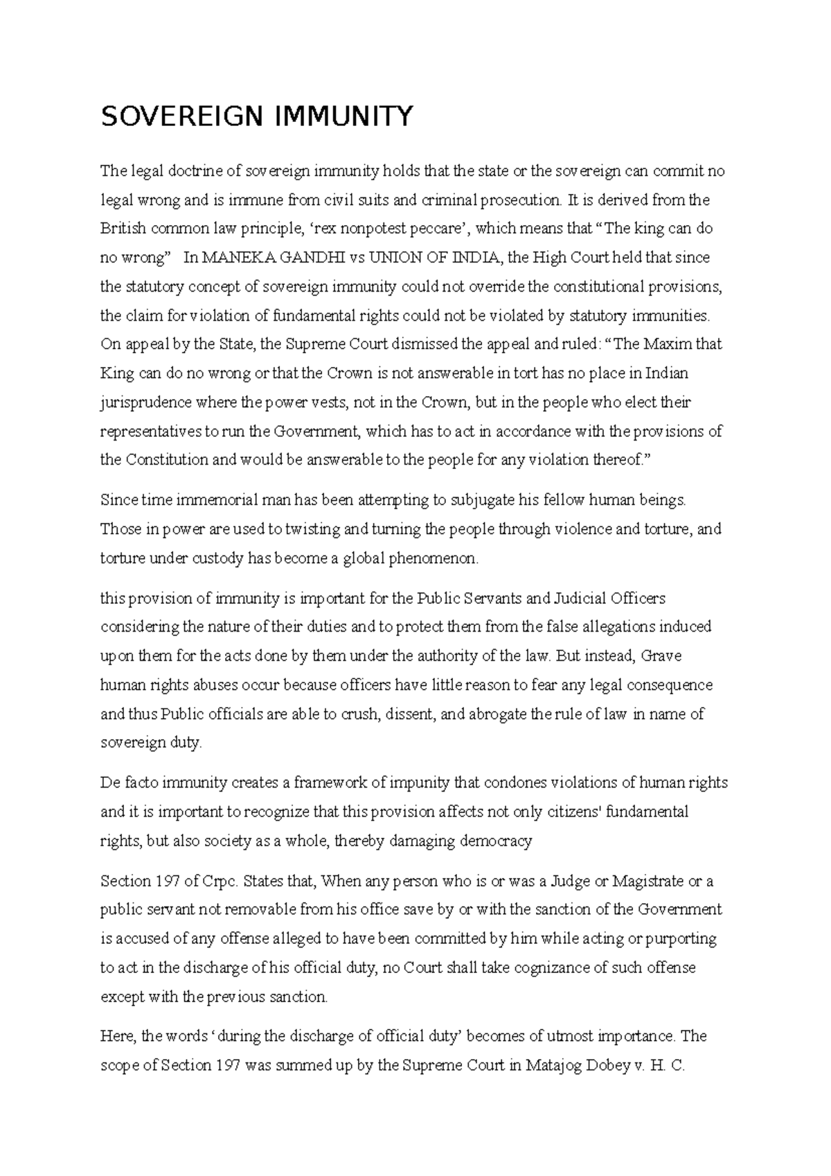 Sovereign Immunity final - SOVEREIGN IMMUNITY The legal doctrine of ...