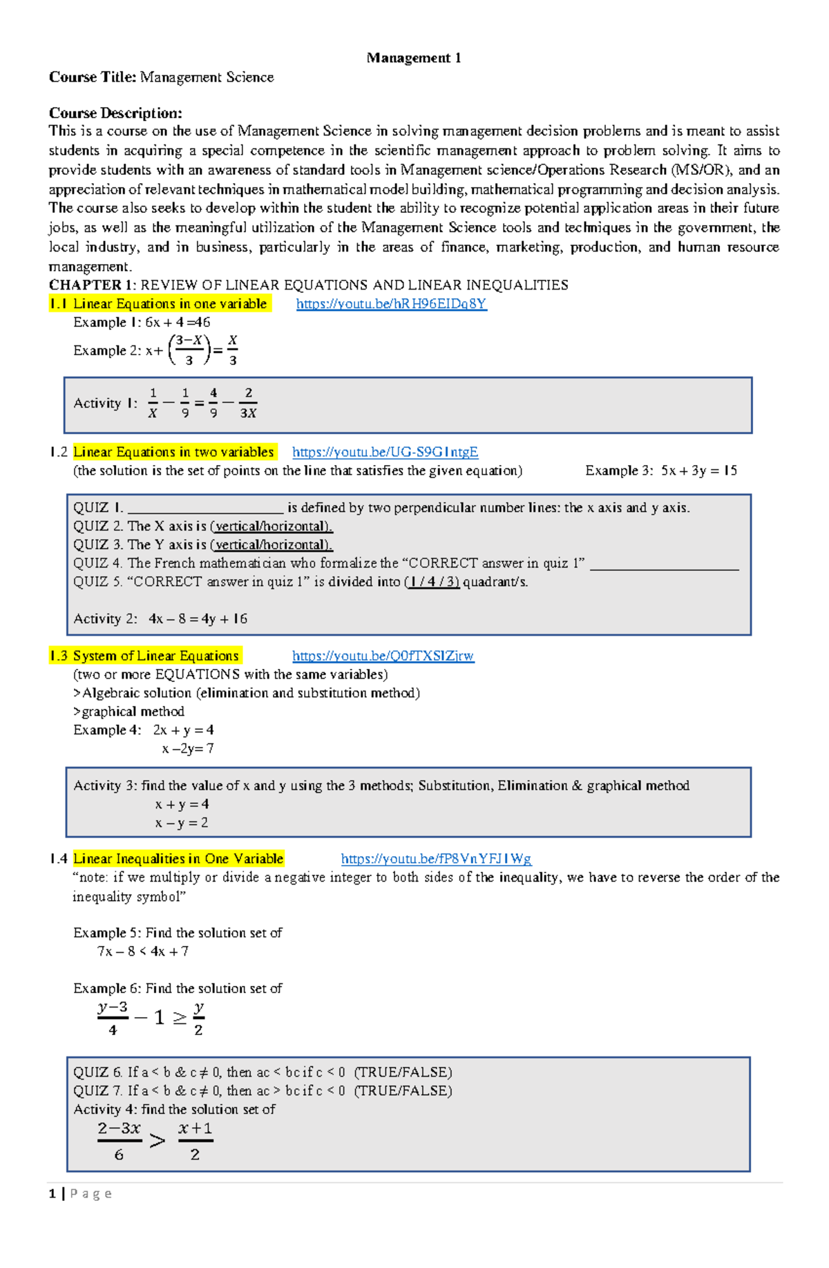 Management 1 2ndsem - accounting notes - Management 1 Course Title ...