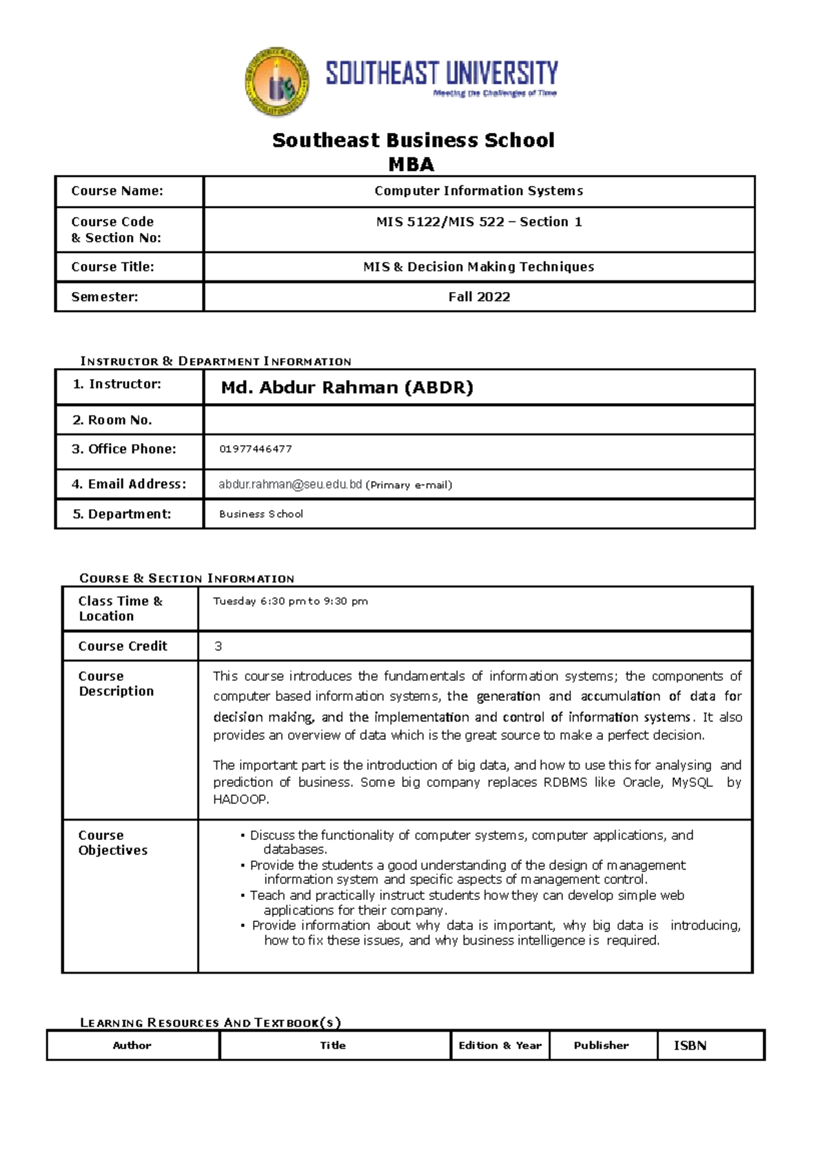 MIS 5122 course outline Fall 2022 - Southeast Business School MBA ...