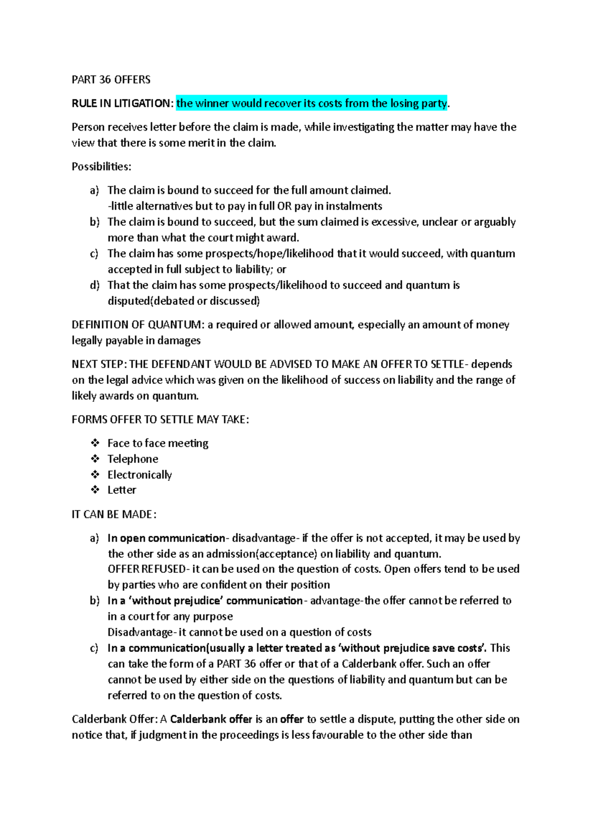 PART 36 Offers- Civil Procedure Notes - PART 36 OFFERS RULE IN ...