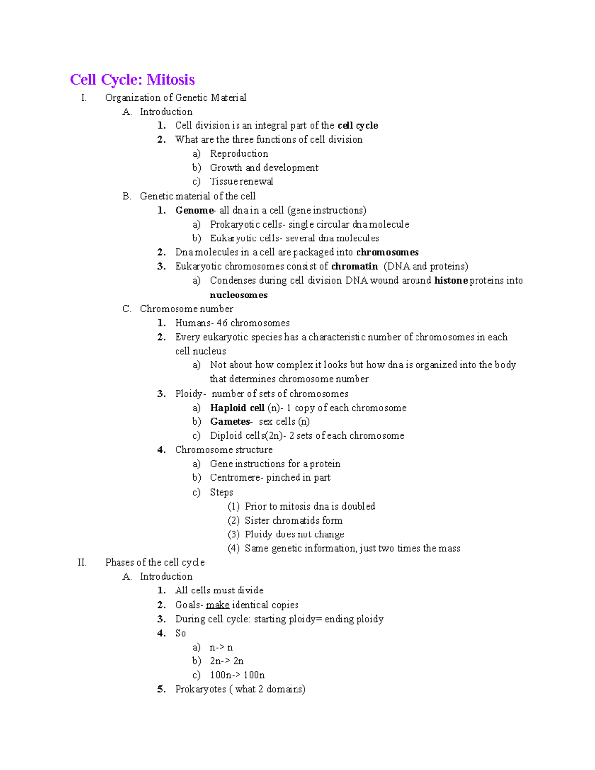 Cell Cycle - Mitosis - Lecture notes 10 - Cell Cycle: Mitosis I ...
