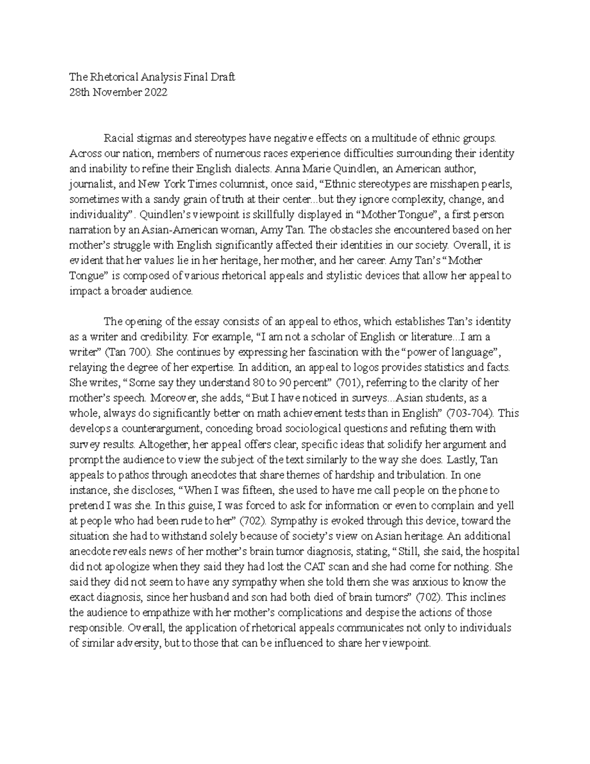 The Rhetorical Analysis - Across our nation, members of numerous races ...