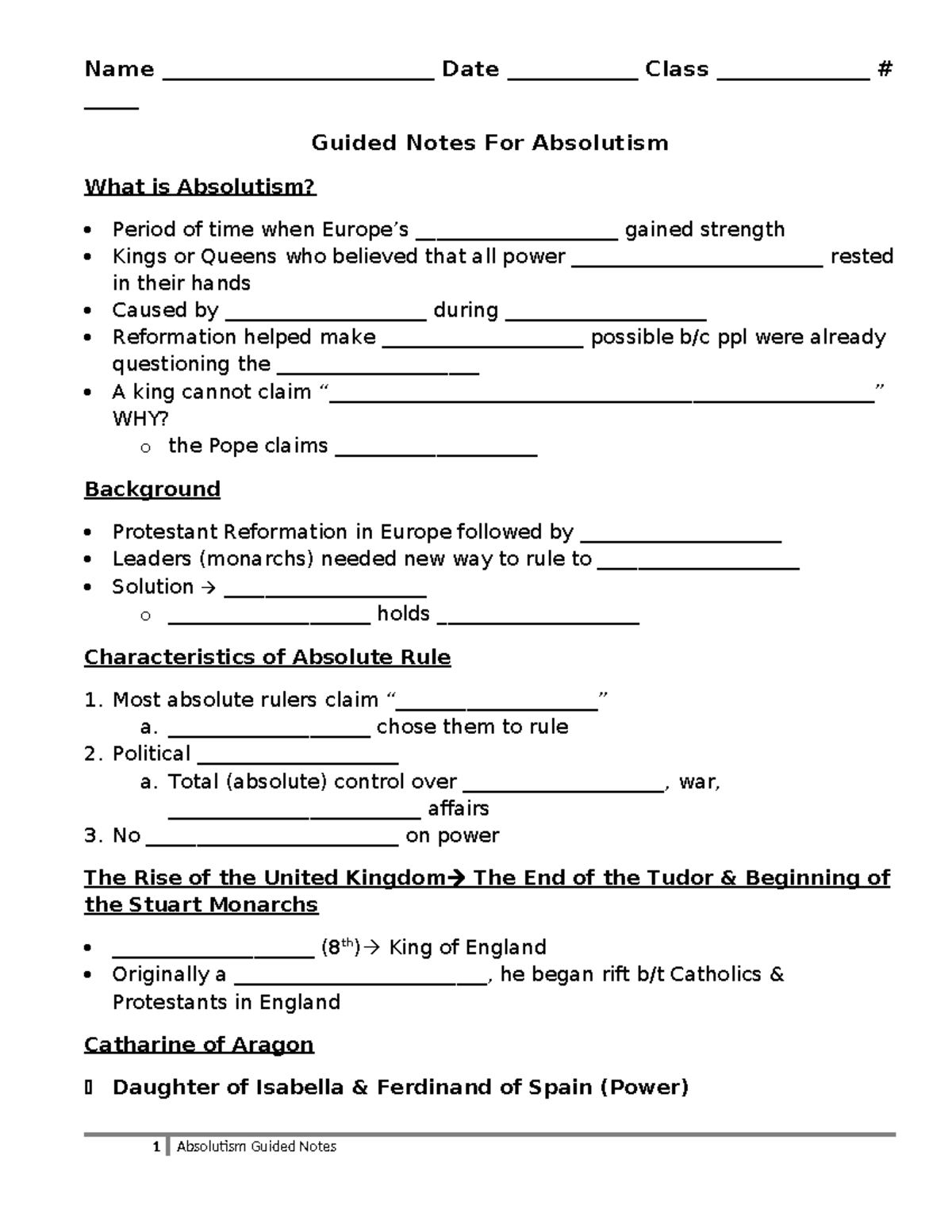New Guided Notes For Absolutism - Name _________________________ Date ...