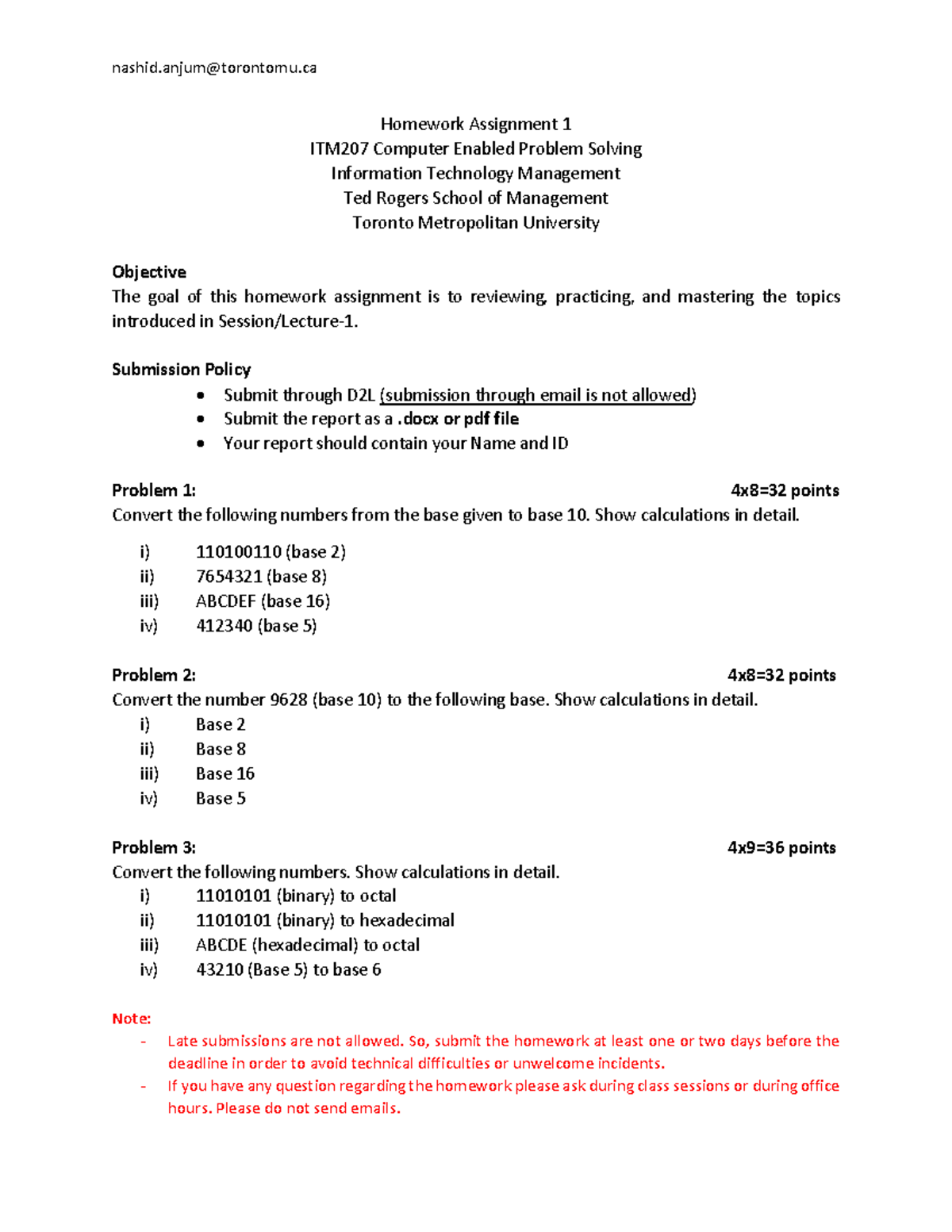 Homework Assignment 1 - nashid@torontomu Homework Assignment 1 ITM20 7 Computer Enabled Problem ...