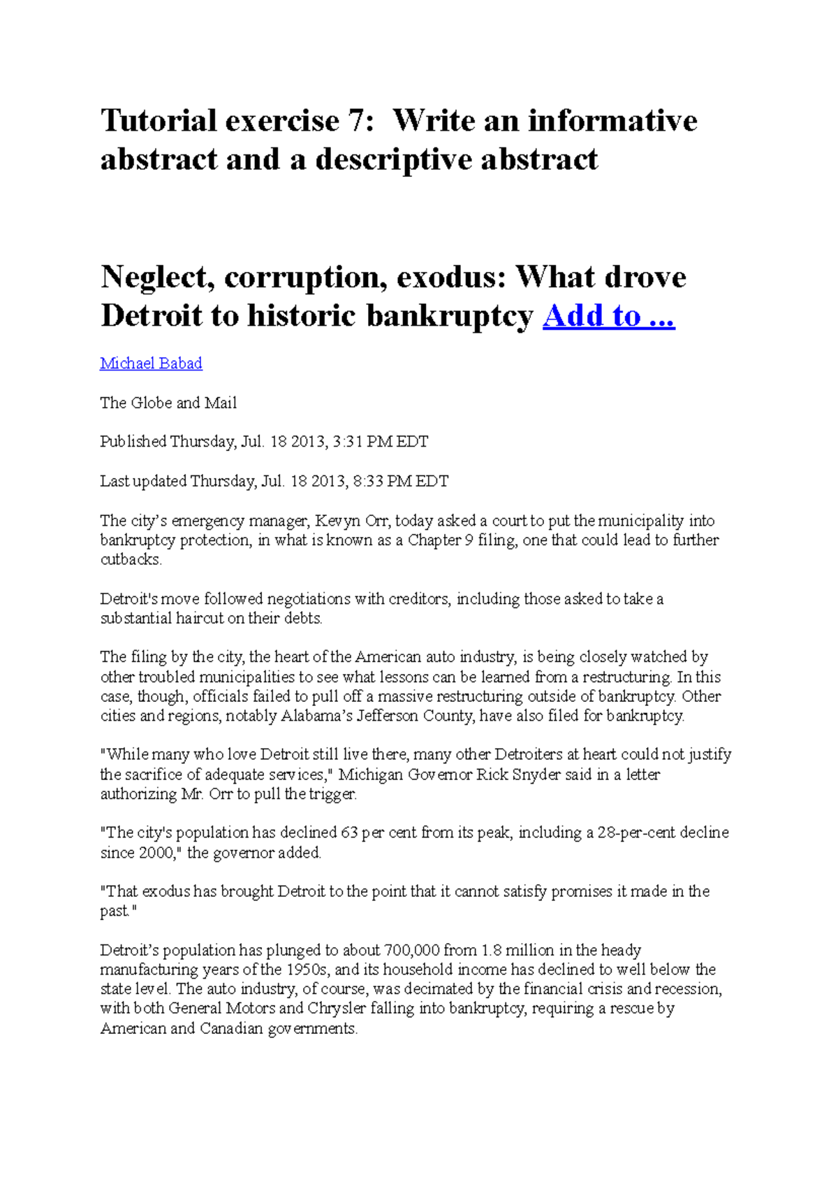 Tutorial 7 - Tutorial exercise 7: Write an informative abstract and a ...