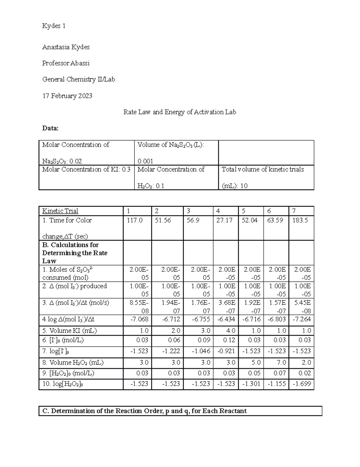 Rate Law and Energy of Activation Lab - Anastasia Kydes Professor ...