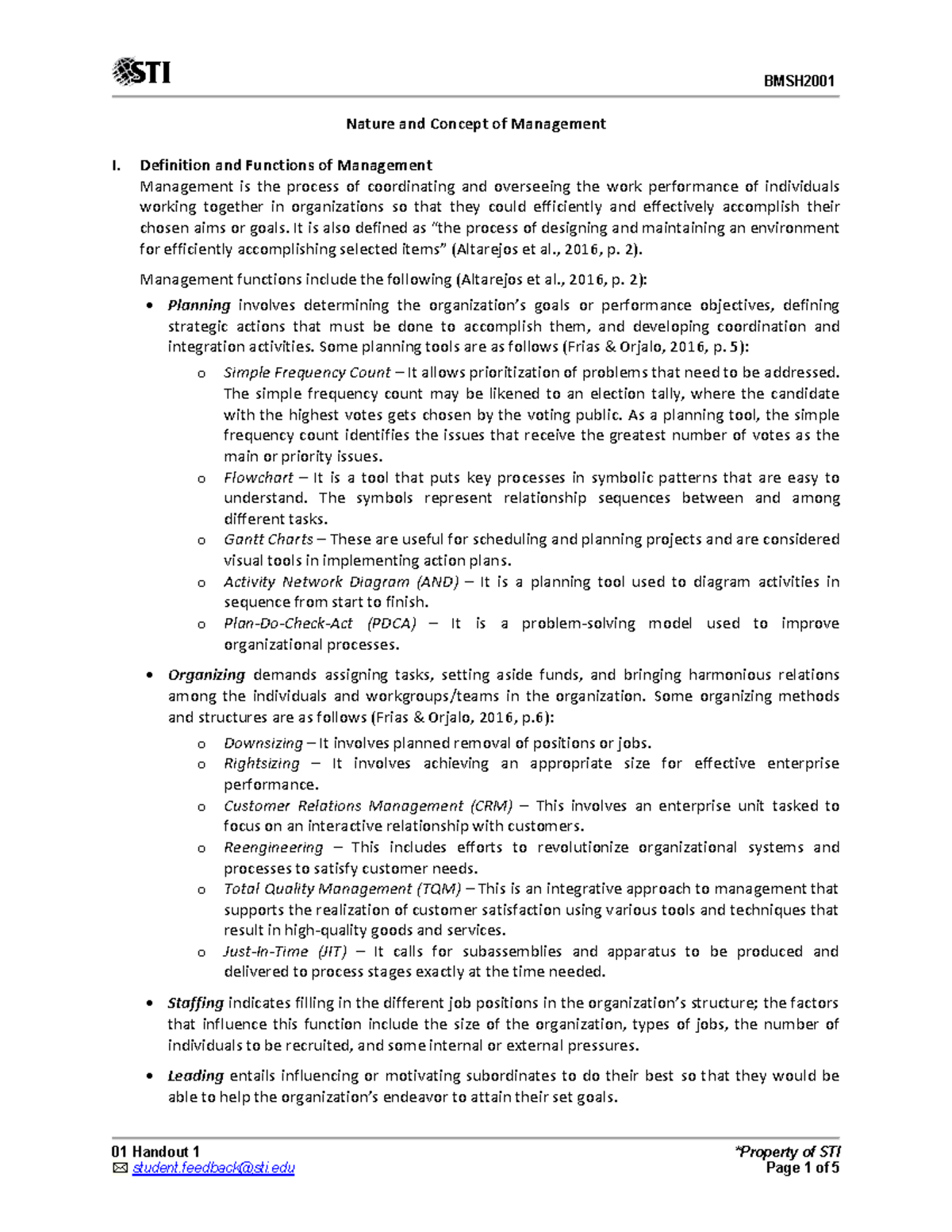 01 Handout 19 - Nature and Concept of Management - 01 Handout 1 *Property of STI Nature and ...