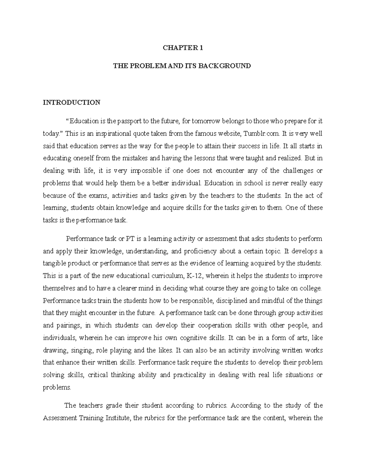 Practicality of Performance Tasks-Chapter `1 - CHAPTER 1 THE PROBLEM AND ITS BACKGROUND ...