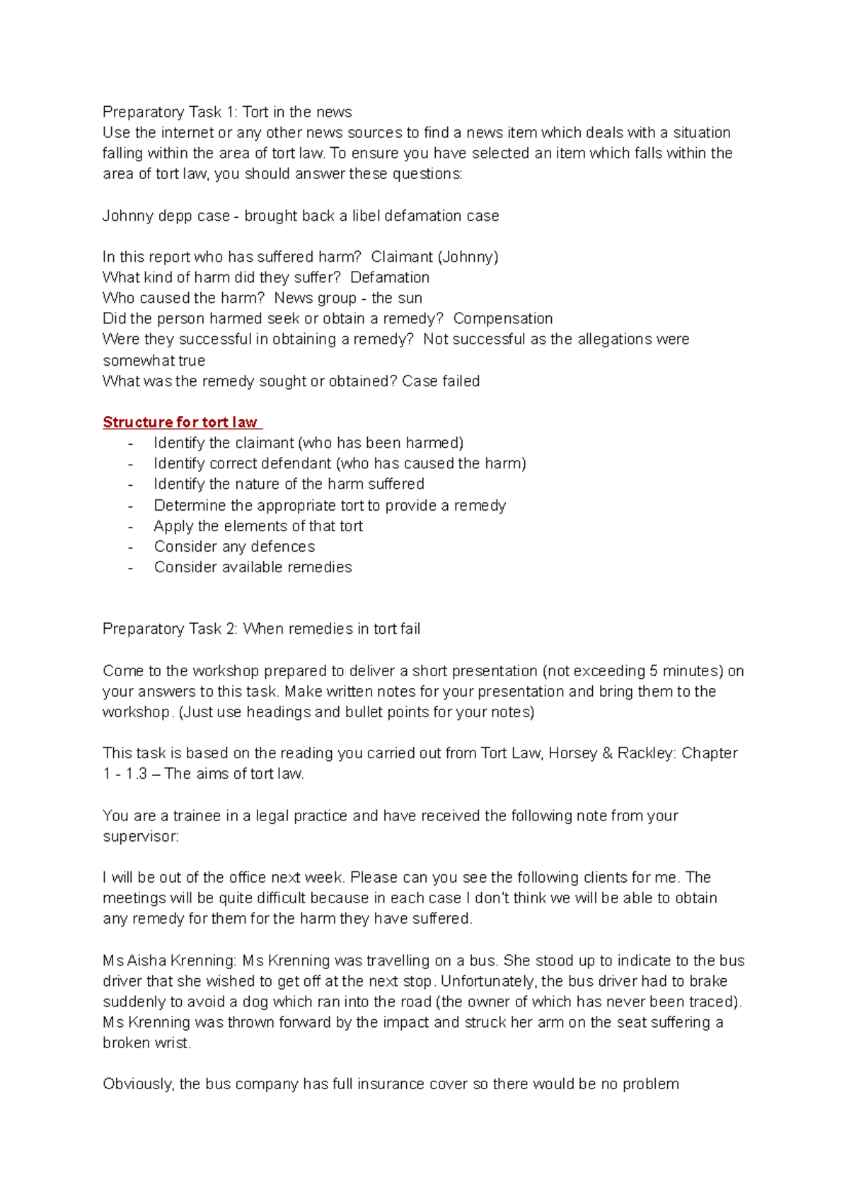 Tort law ws1 - tort law workshop 1 law notes - Preparatory Task 1: Tort ...