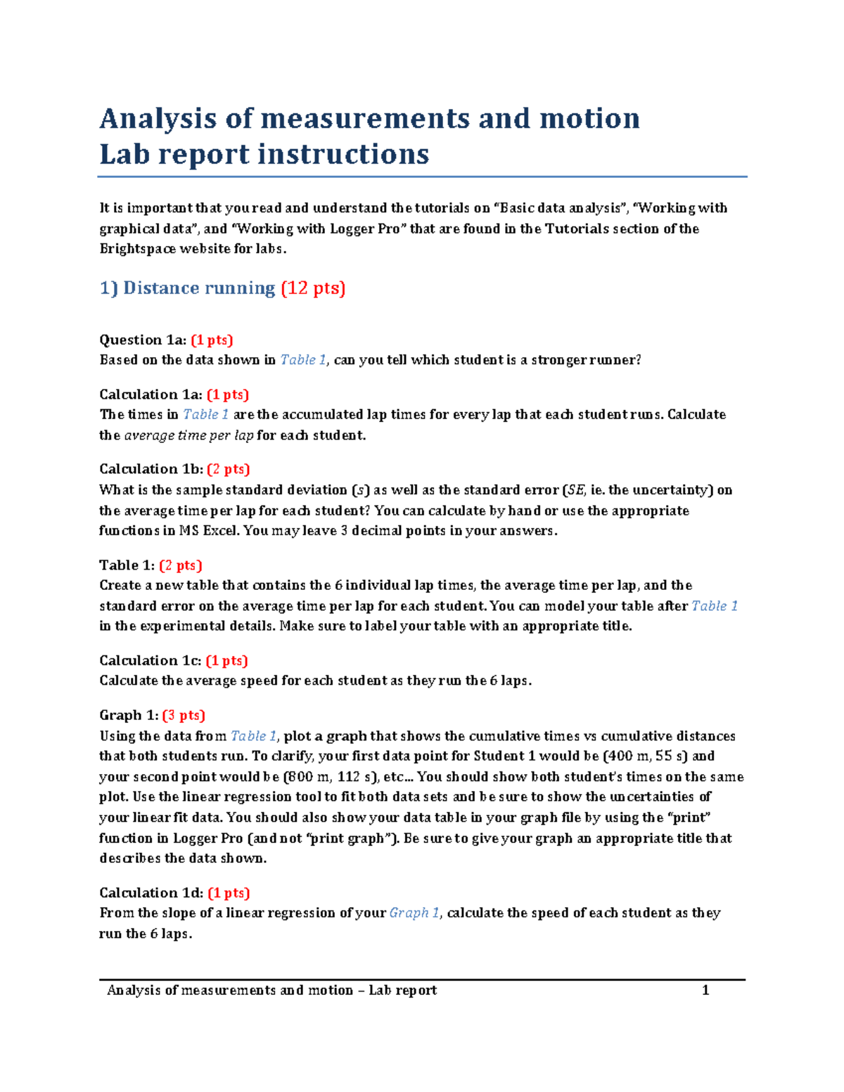 Measurements and motion - Lab report instructions - Analysis of ...