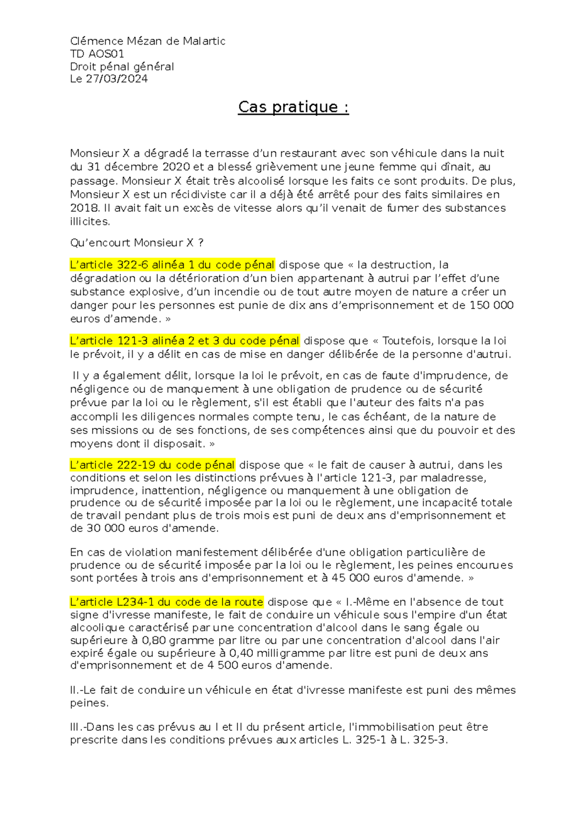 Cas pratique - devoir maison - Clémence Mézan de Malartic TD AOS Droit ...