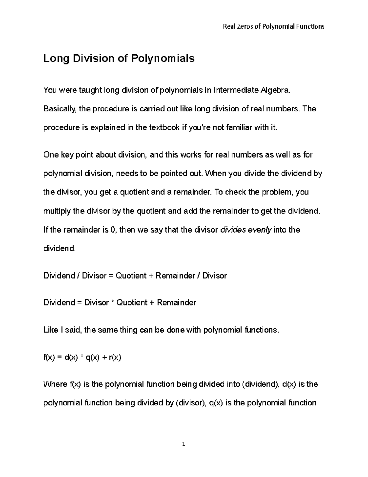 2021 - Algebra - Lecture Notes - Real Zeros of Polynomial Functions ...