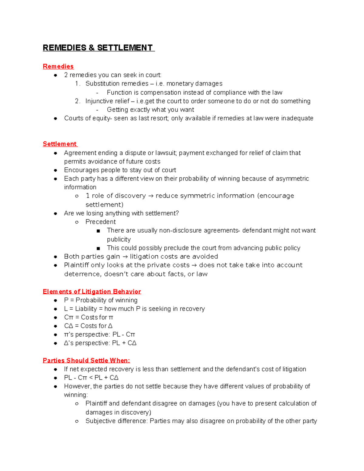 C. Remedies AND Settlement - REMEDIES & SETTLEMENT Remedies 2 remedies ...