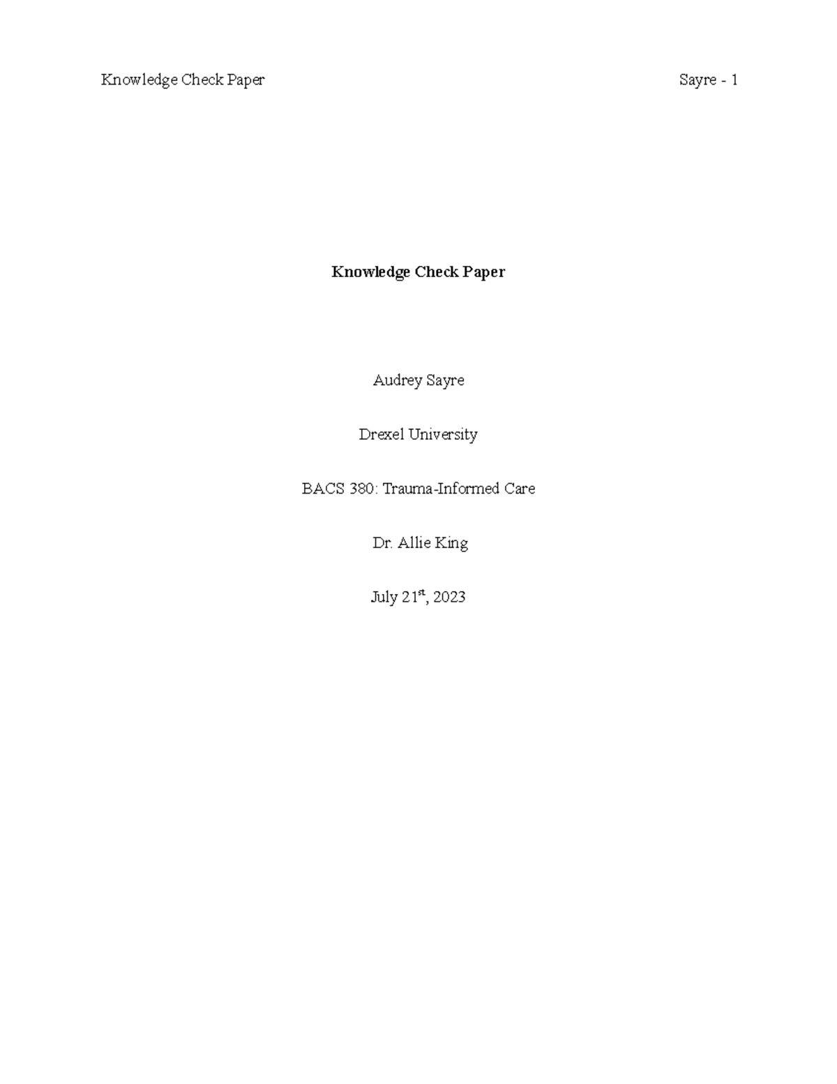 Knowledge Check Paper Sayre - Knowledge Check Paper Audrey Sayre Drexel ...