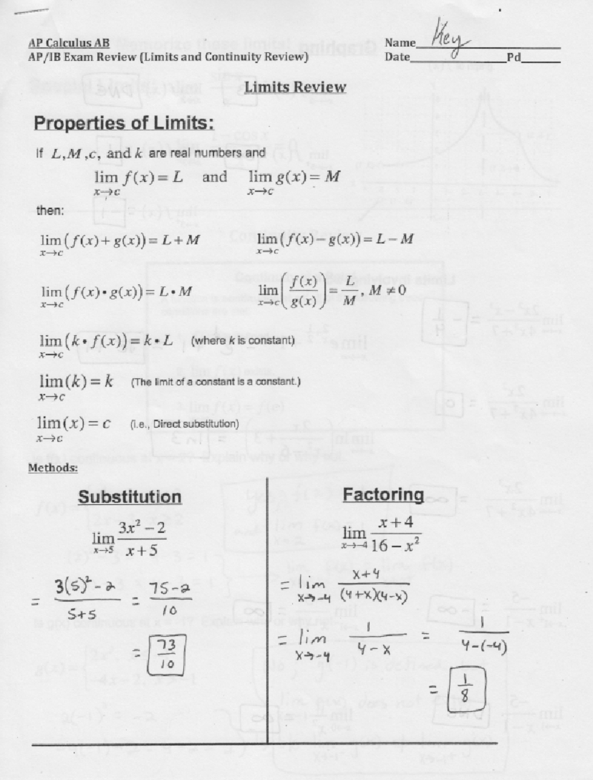 Mini Lesson on Limits and Continuity key - AP Calculus AB Name Key Exam ...