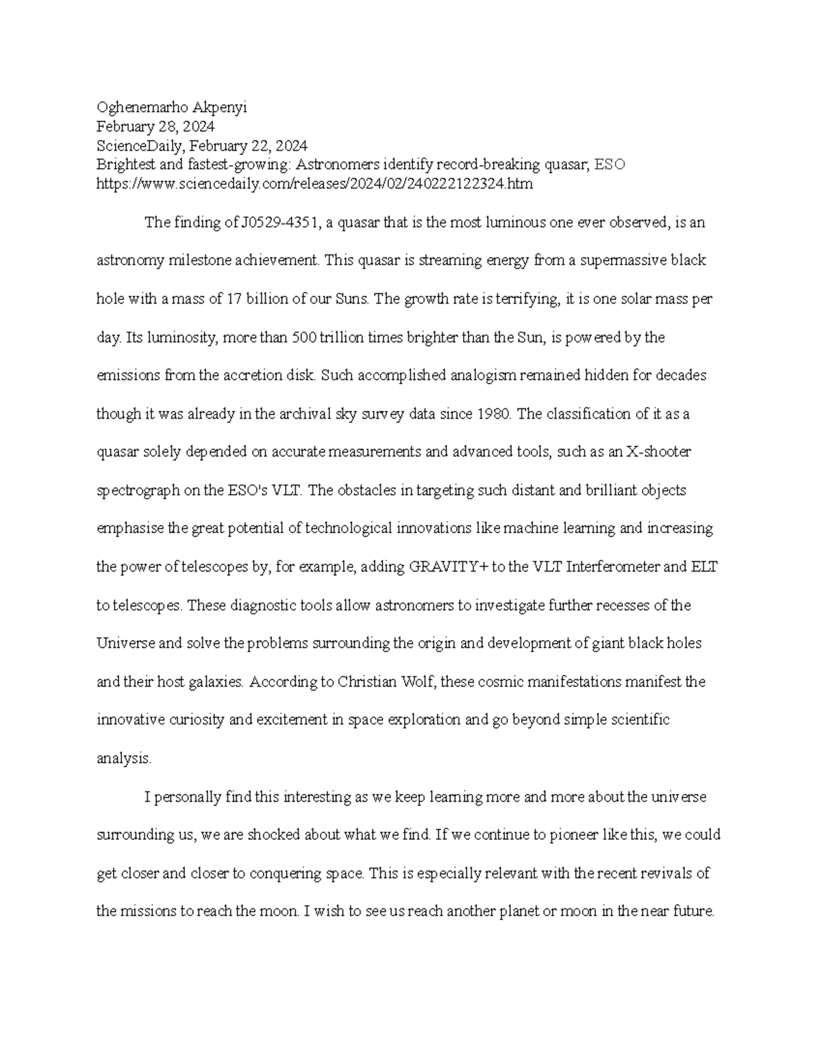 Current Events #5 - Oghenemarho Akpenyi February 28, 2024 ScienceDaily ...