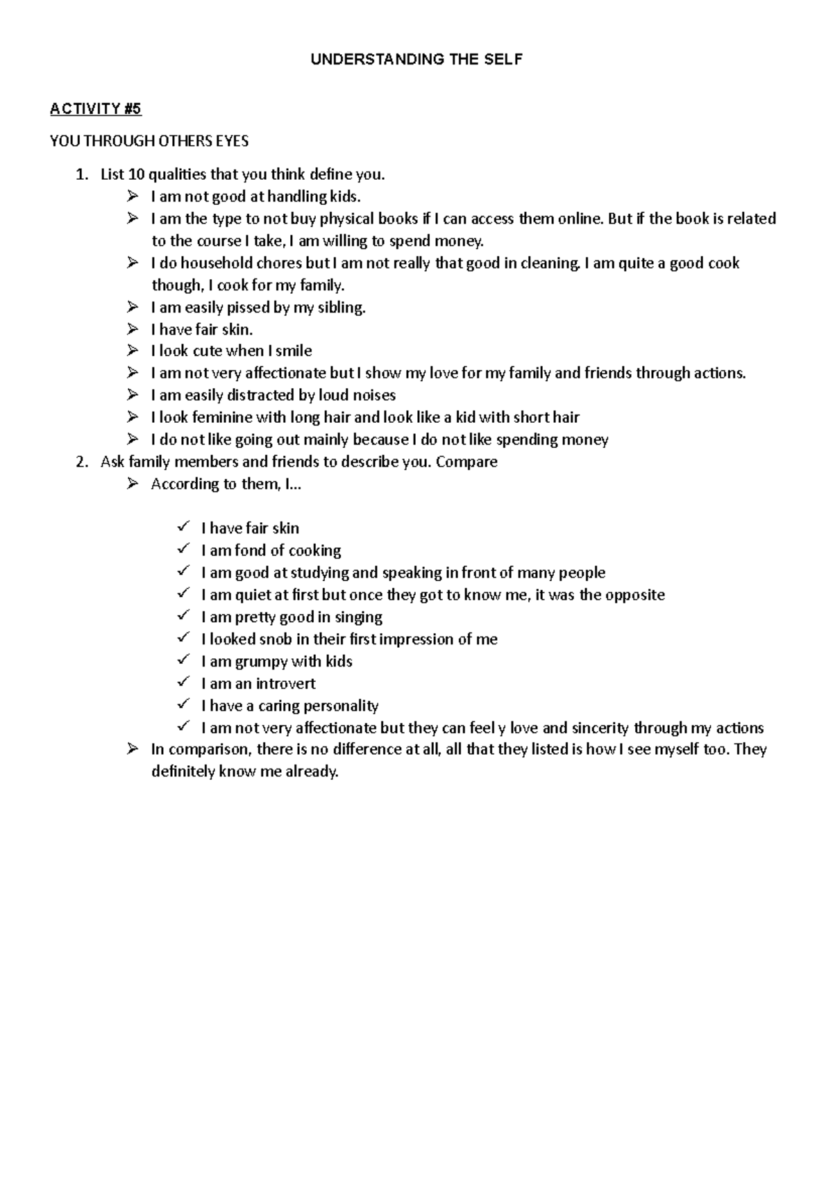 Understanding the self act 5 - UNDERSTANDING THE SELF ACTIVITY # YOU ...