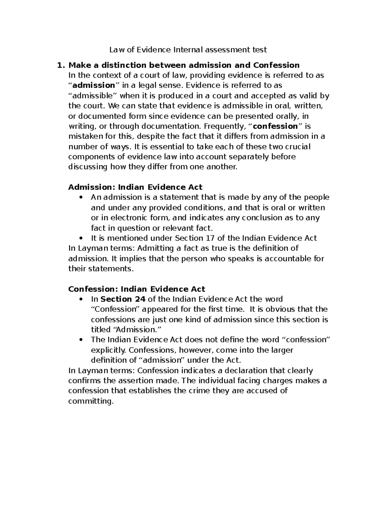 Law of Evidence Internal assessment test - Evidence is referred to as ...