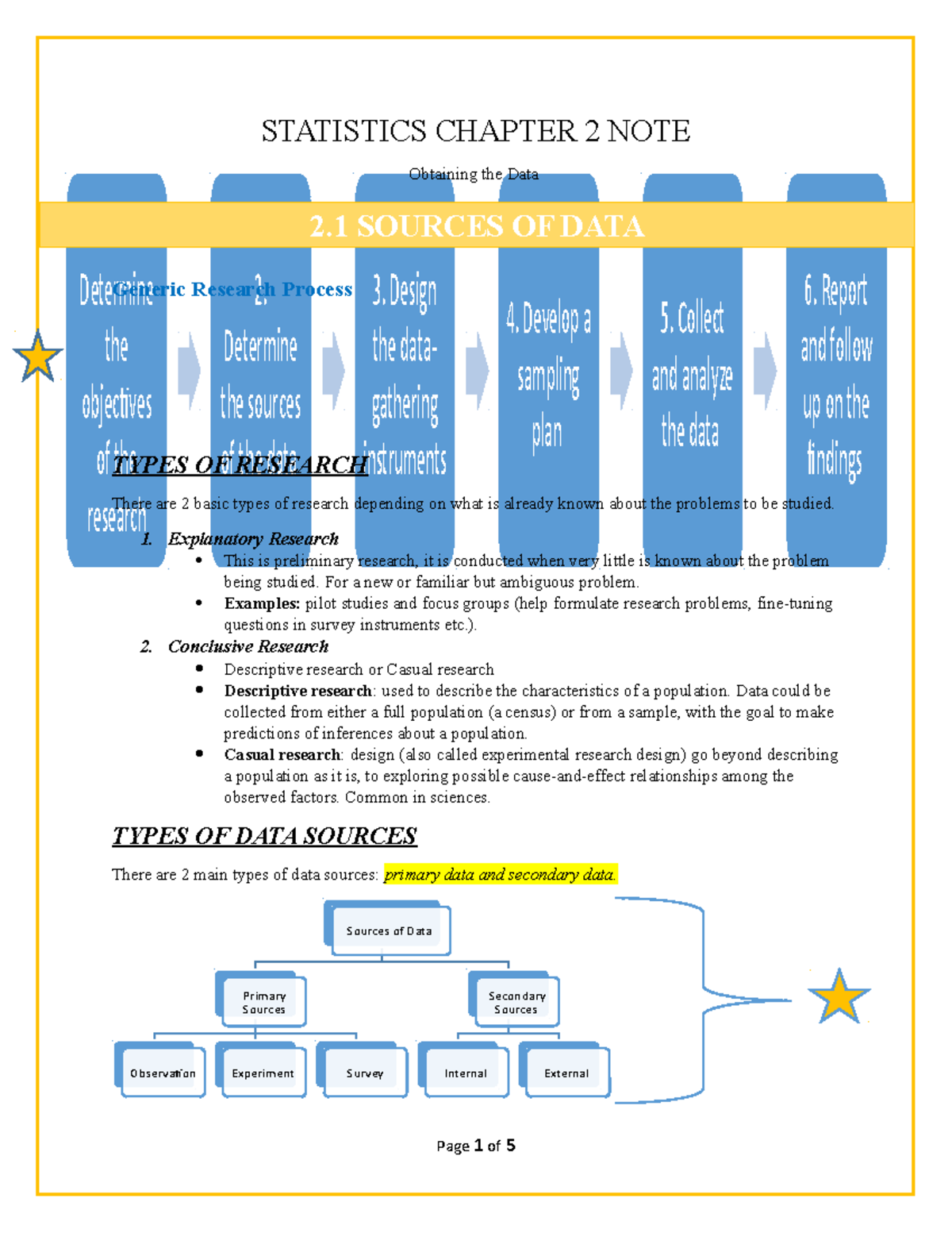 Statistics Chapter 2 NOTE - 1. Determine the objectives of the research ...