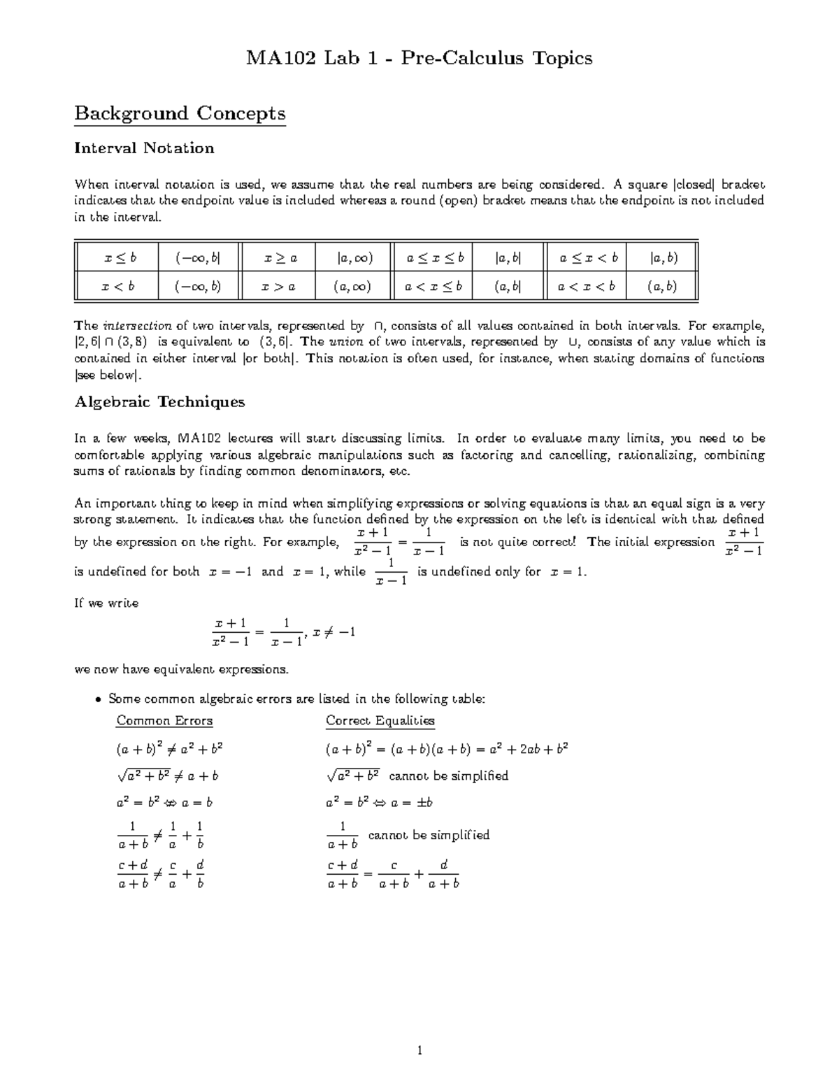 102lab1prep - Preb lab - MA102 Lab 1 - Pre-Calculus Topics Background ...