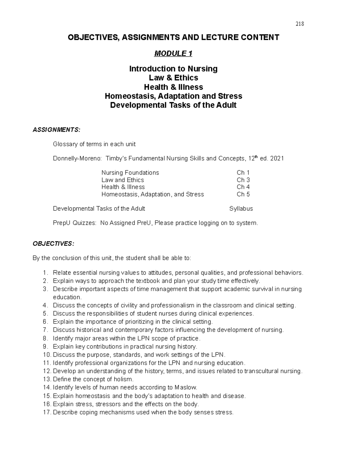Module 1 Objectives Foundations, Law,Ethics, Health Illness Homeostasis ...