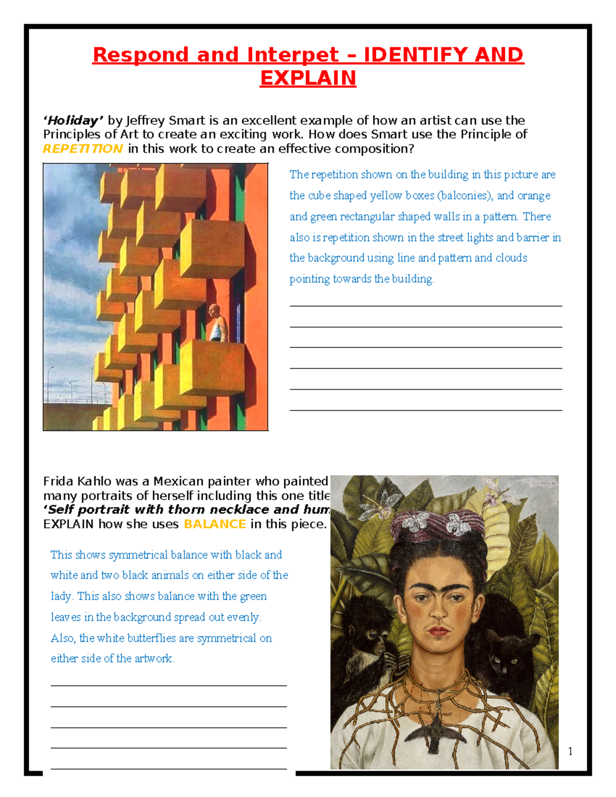 Art Principles written worksheets - Respond and Interpet – IDENTIFY AND ...