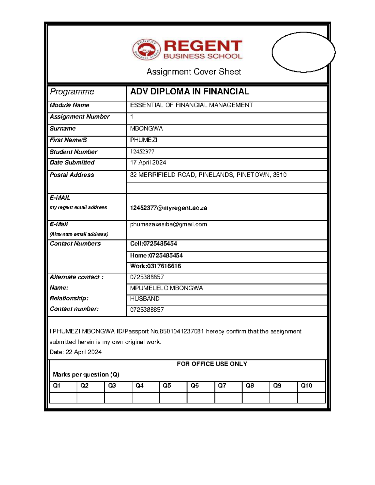 Assignment Cover Page no1 - Assignment Cover Sheet Programme ADV ...