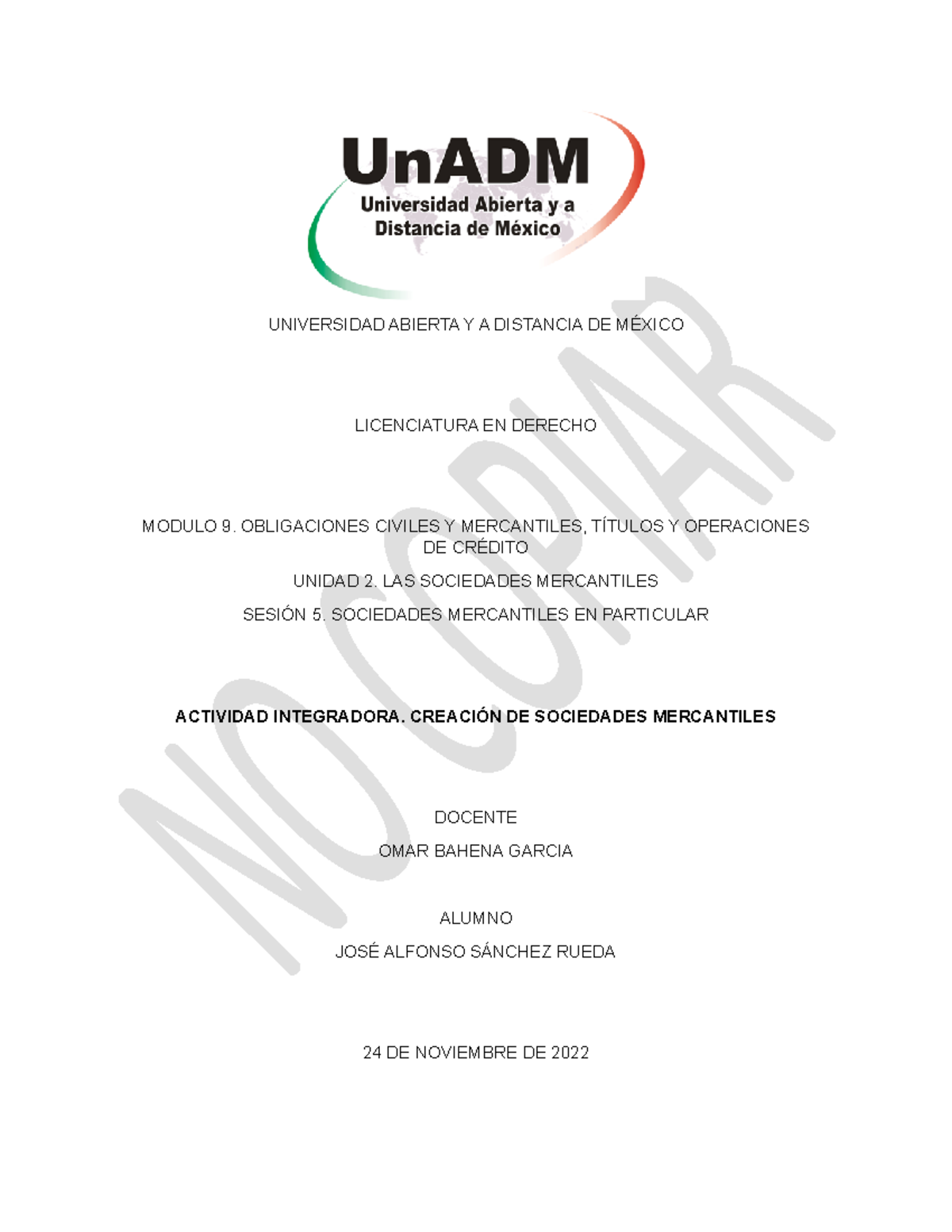 M9 U2 S5 JOSR - M9 U2 S5 JOSR - UNIVERSIDAD ABIERTA Y A DISTANCIA DE MÉXICO LICENCIATURA EN ...