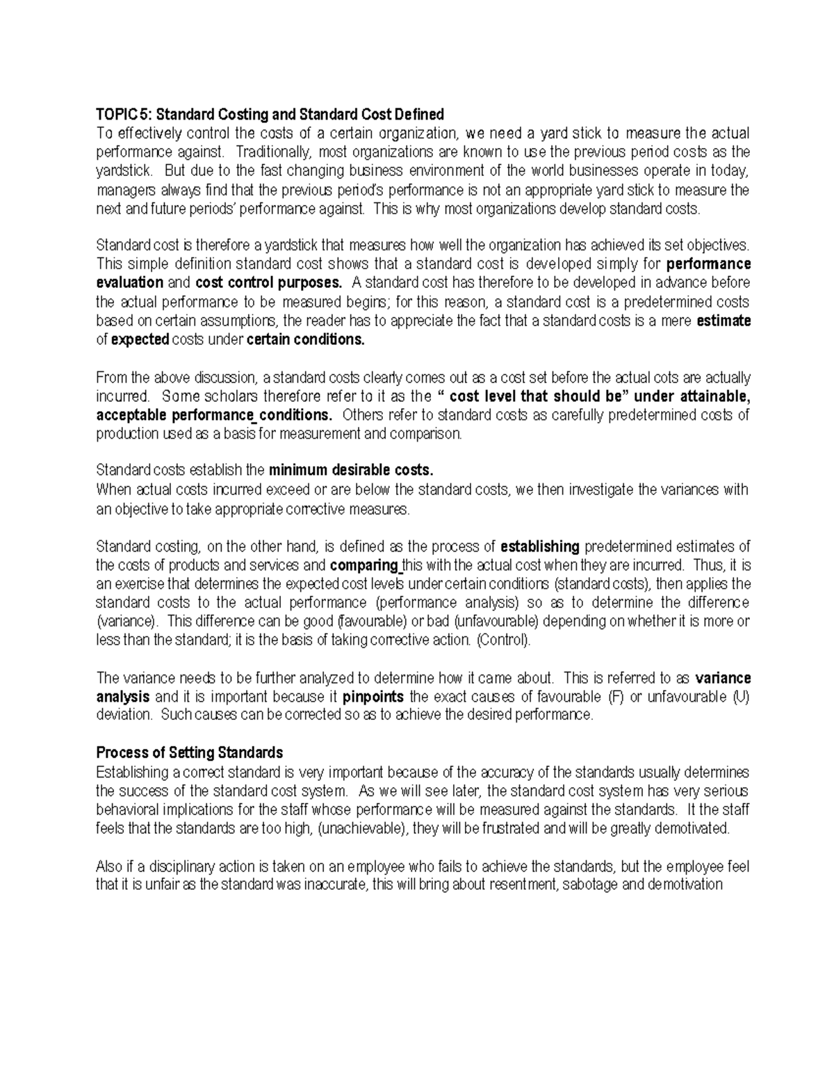 Topic 5 - Standard Costing And Standard Cost Defined lecture notes by ...