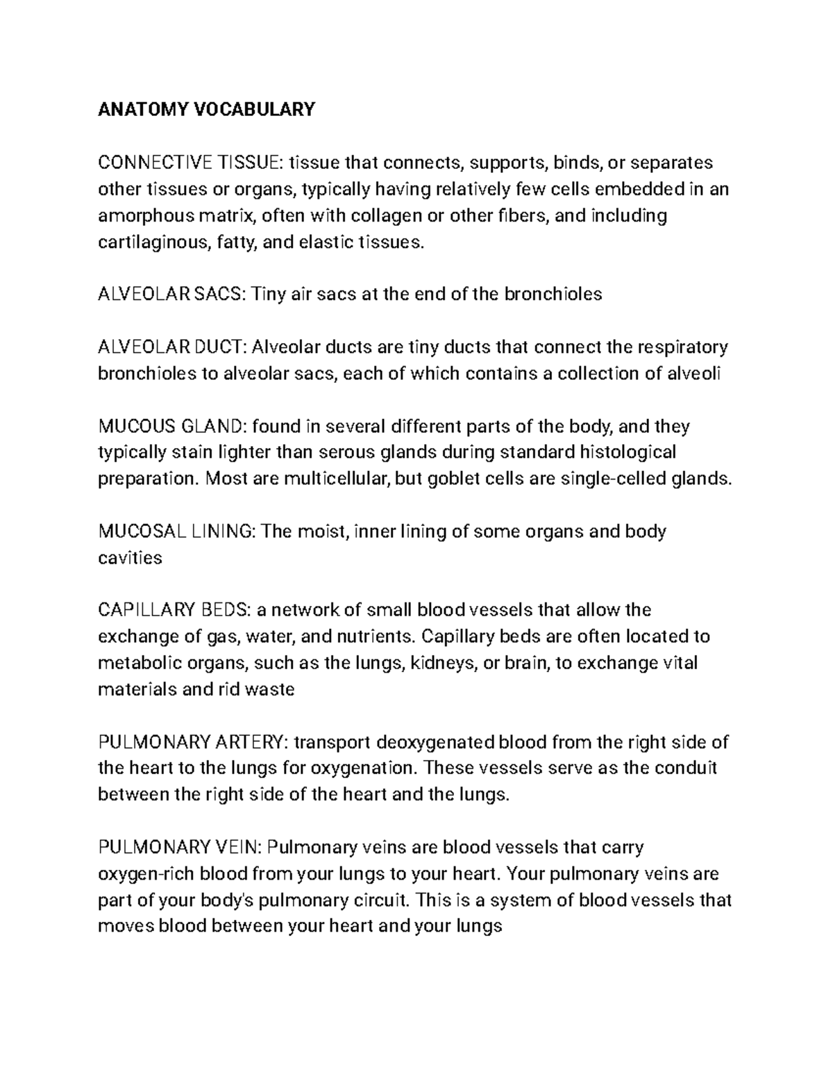 Anatomy Vocabulary - ANATOMY VOCABULARY CONNECTIVE TISSUE: tissue that ...