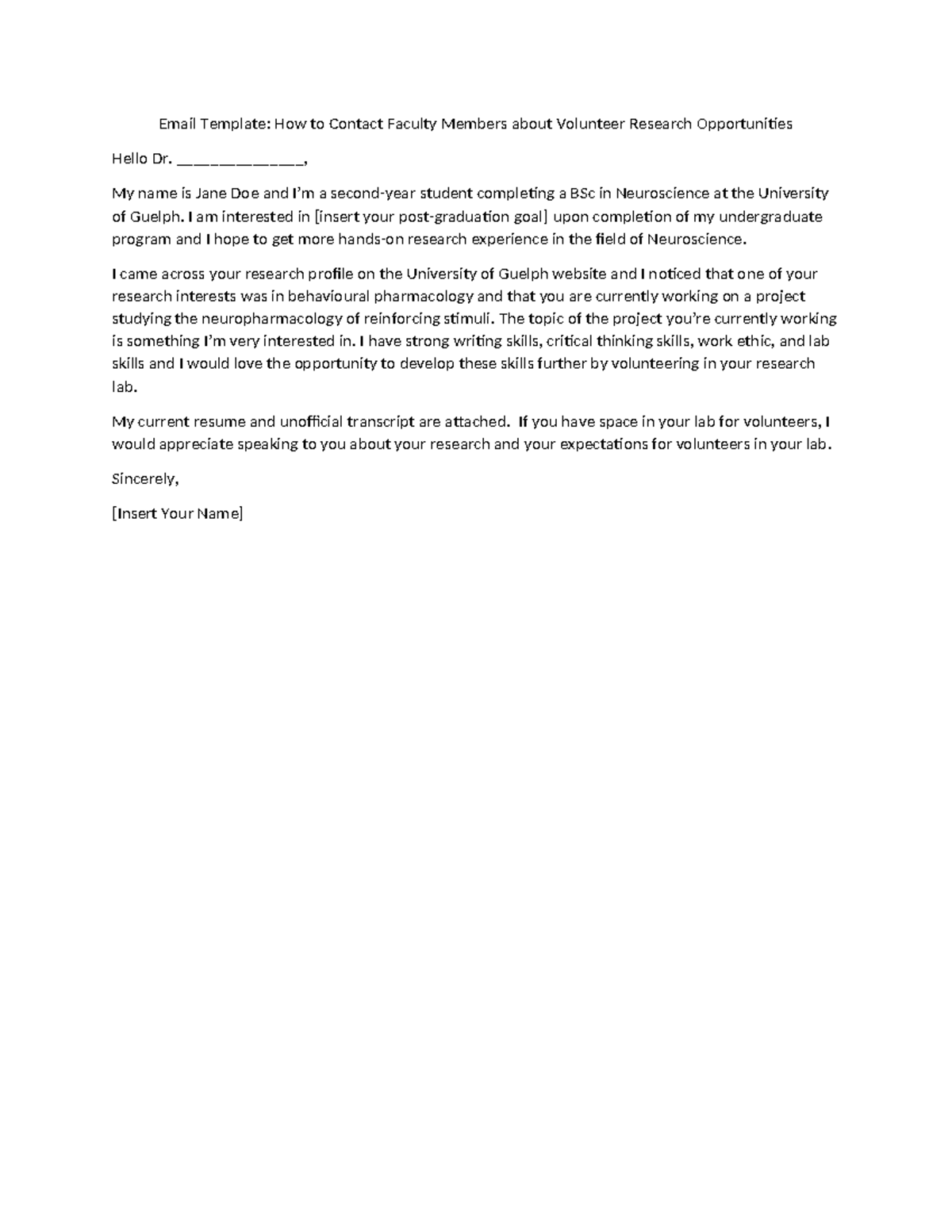 Template for Connecting with Professors Research Volunteer - Email ...