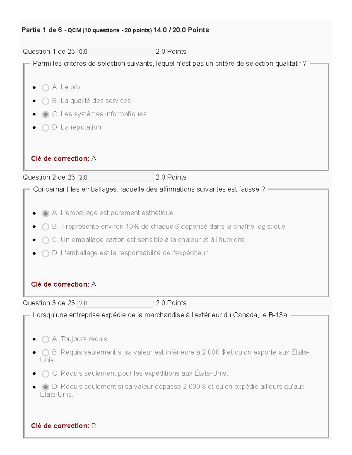 Intra transport - Partie 1 de 6 - QCM (10 questions - 20 points) 14 / ...